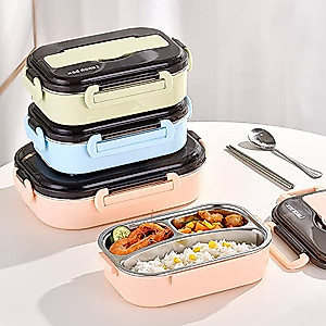 Midremer Lunch Bento Box, 1L-3 Compartments Portable Thermal Insulation Leak-Proof Lunch Containers with Stainless Steel Liner Chopsticks and Spork for Picnic (3 Compartments, Pink)