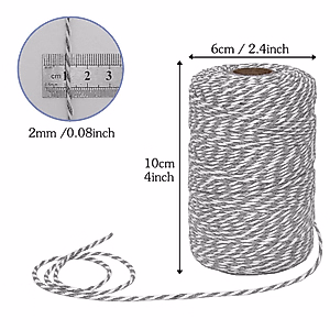 Tenn Well Grey and White Twine, 656 Feet 2mm Striped Cotton Bakers Twine for Baking, Gift Wrapping, Ornament Hanging, Crafting, Packing