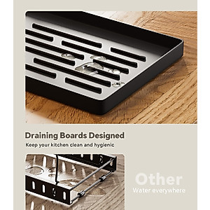 TEEVOGO 5-in-1 Set, Dish Drying Rack for Kitchen Counter, Pots and Pans Organizer, Pot lid Organizer, Dish Drying Mat with 8 Adjustable Dividers, a Cutlery Holder, for Dishes, Pans, Pot Lids, Cups