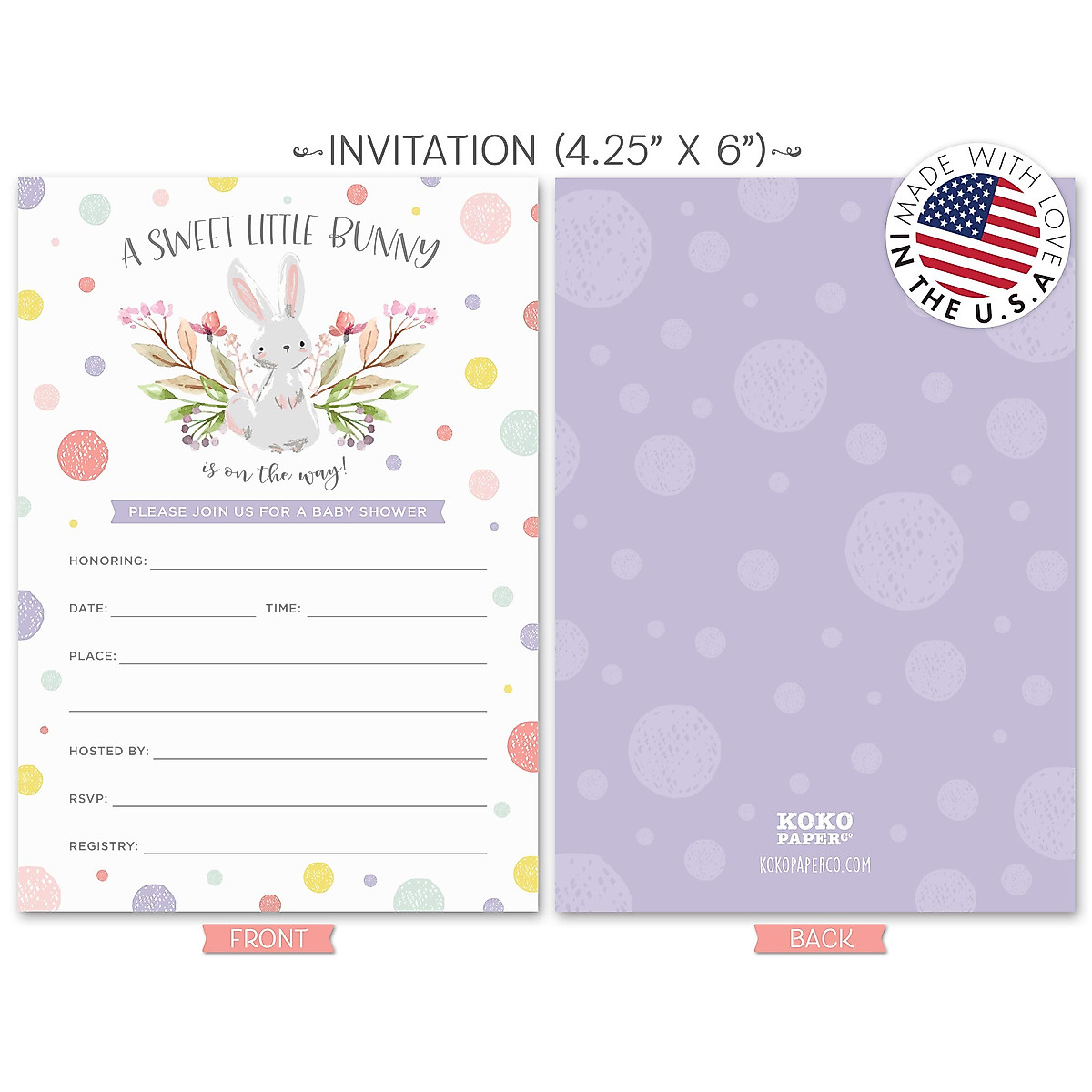 Koko Paper Co Sweet Little Bunny Baby Shower Invitations and Diaper Raffle Tickets | Pack of 25 Fill-in Invitations, Diaper Raffle Tickets and Envelopes | Printed on Heavy Card Stock.