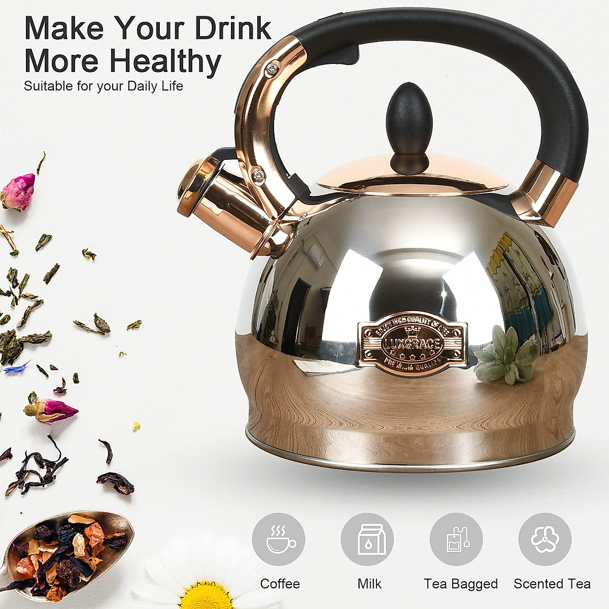 Stainless Steel Whistling Tea Kettle with Metal Capsulated Bottom for Quick Heat Distribution 2.8 Quart