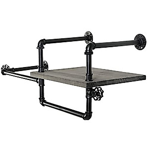 MyGift Industrial Garment Closet Hanging Organization System, Wall Mounted Black Metal Pipe Clothing Rod Rack with Weathered Gray Wood Display Shelf and Vintage Valve Accents