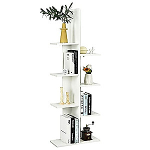 Tangkula 8 Shelf Bookshelf, Wooden Tree Bookcase with 8 Book Shelf, 20”L x 8”W x 55.5”H, Freestanding 8 Tier Storage Display Shelf with Anti-toppling, Corner Shelf for Living Room Home Office (White)