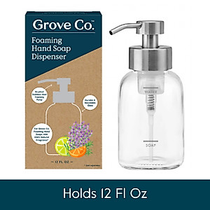 Grove Co. Foaming Soap Dispenser, 2 x Refillable Glass Bottles with Stainless Steel Pump, Reusable Liquid Hand Soap Set for Kitchen or Bathroom, Square Base, Reduce Plastic Waste