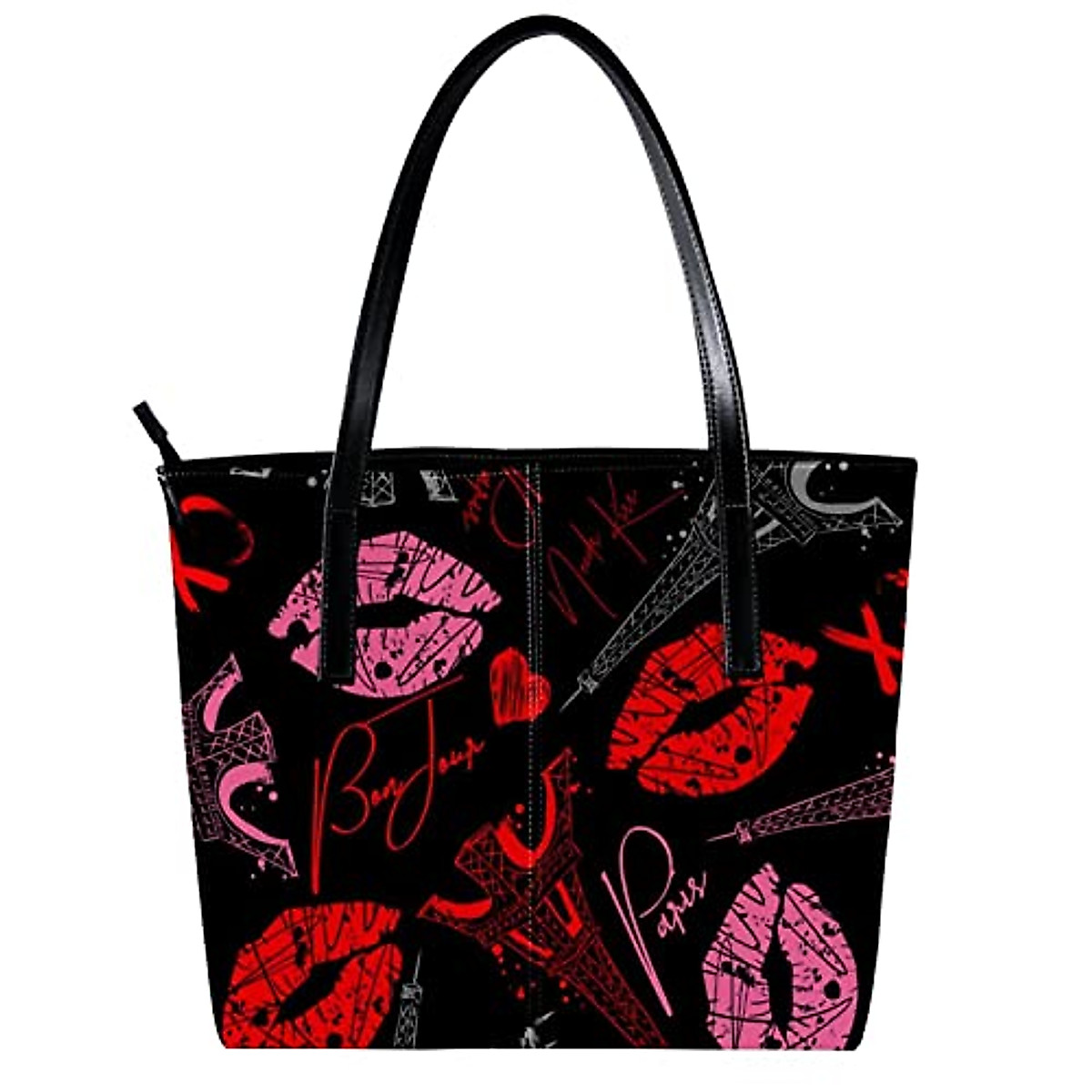 Paris Tower Lips Retro Tote Bag for Women Girls, Leather Shoulder Bag with Inside Pockets, Zip Top Handbags