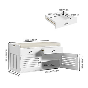 WARMHONIU Shoe Storage Bench with 2 Drawers & 2 Door Cabinet, Entryway Bench with Shoe Storage, Shoe Bench with Cushion, Adjustable Shelves, Shoe Rack Bench for Entryway, Hallway, Bedroom, White