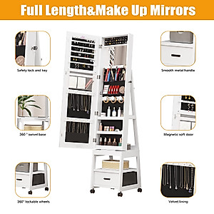 Alkmaar 360° Swivel Jewelry Armoire, Floor Standing Locking with Full Length Mirror,Bottom Drawer, Shelf, Wheels,White Cabinet with Large Storage Capacity (White push-pull)