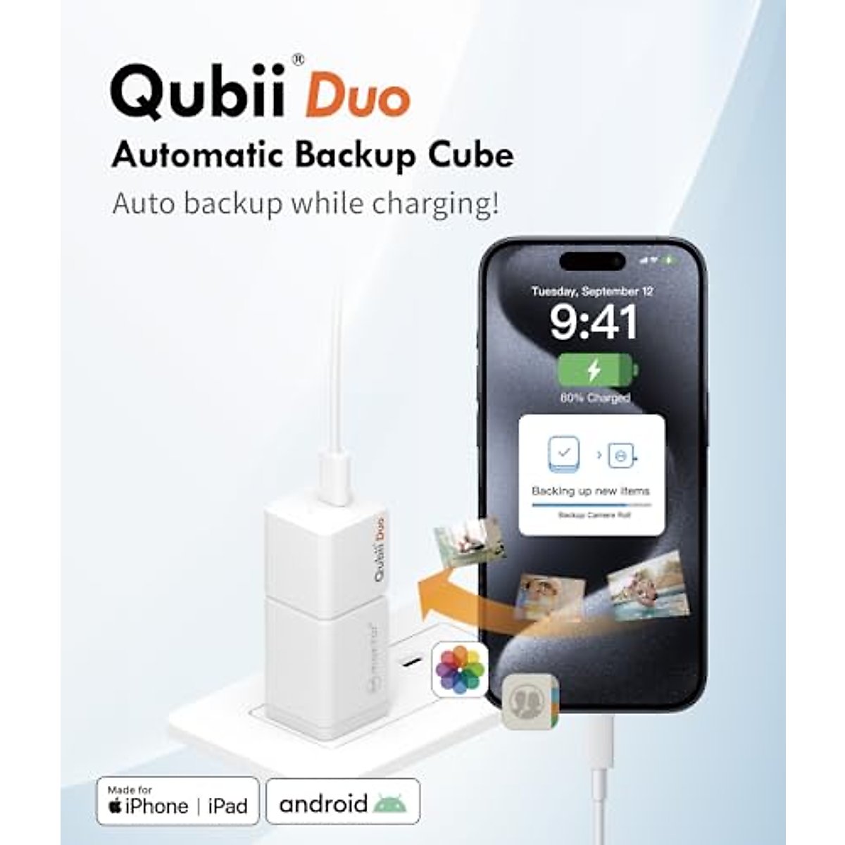 MAKTAR Qubii Duo - USB-A Flash Drive Fits iPad Flash Drive for Android Smartphone iPhone Backup Flash Drive iPhone Photo Backup Storage Device with File Organizer App - White w/o Micro SD Memory