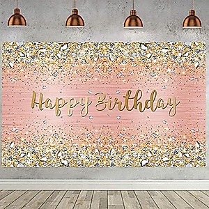 Happy Birthday Backdrop 7x5ft Diamonds Glitter Shining Pink and Gold Dot Sparkle Bokeh Photography Background for Women Girls Lady Sweet Party Decorations Photo Props