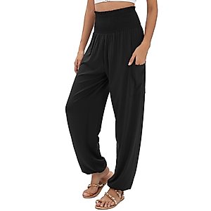 QIANXIZHAN Women's Harem Pants, High Waist Yoga Boho Trousers with Pockets Black M