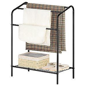Freestanding Towel Rack Black Hand Towel Drying Rack for Bathroom 3 Tier Blanket Ladder for Living Room Drying and Display Storage Rack with Shelf, Black