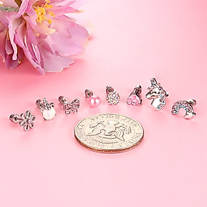 ZELORES 8 Pairs Cute Screw Back Earrings for Women Pink CZ Heart Unicorn Stud Earrings Stainless Steel Flower Butterfly Screwback Earrings Set (Set1)