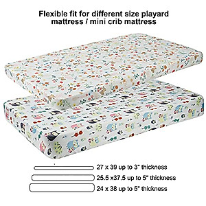 Pack n Play Fitted Sheets for Baby Girl 2 Pack Set Soft Jersey Knit Sheets for Mini Crib Mattress and Playard Mattress, Rabbit Floral and Owl Printing