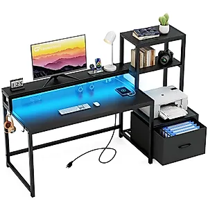 GreenForest Office Desk with Power Outlets and Printer Shelf, 59 inch Computer Desk with LED and Drawer, Reversible Gaming Desk with Storage for Home Study Working,Black