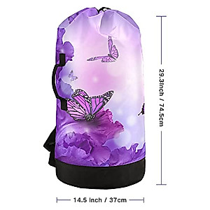 Laundry Bag, Butterfly Purple Large Laundry Backpack Dirty Clothes Organizer with Adjustable Shoulder Straps for College Dorm, Apartment, Travel Camp