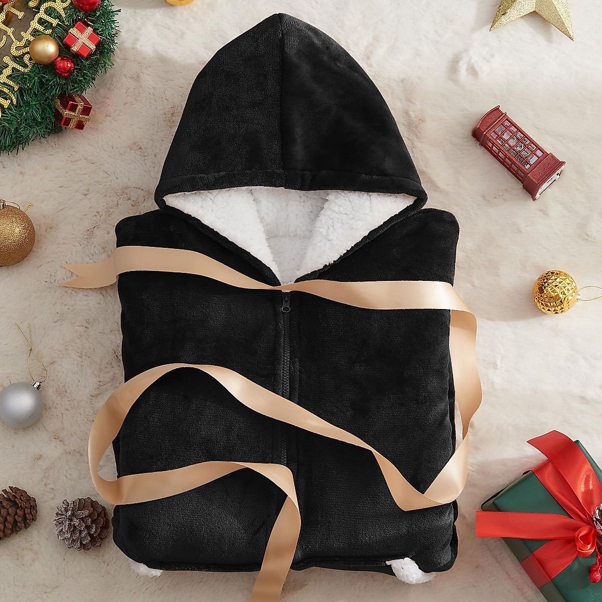 JOYWOO Oversized Wearable Blanket Hoodie, Long Hooded Blanket for Adult, Birthday Christmas Gifts for Women Men, Cozy Sherpa Sweatshirt Blanket with Giant Pocket and Zipper, Black