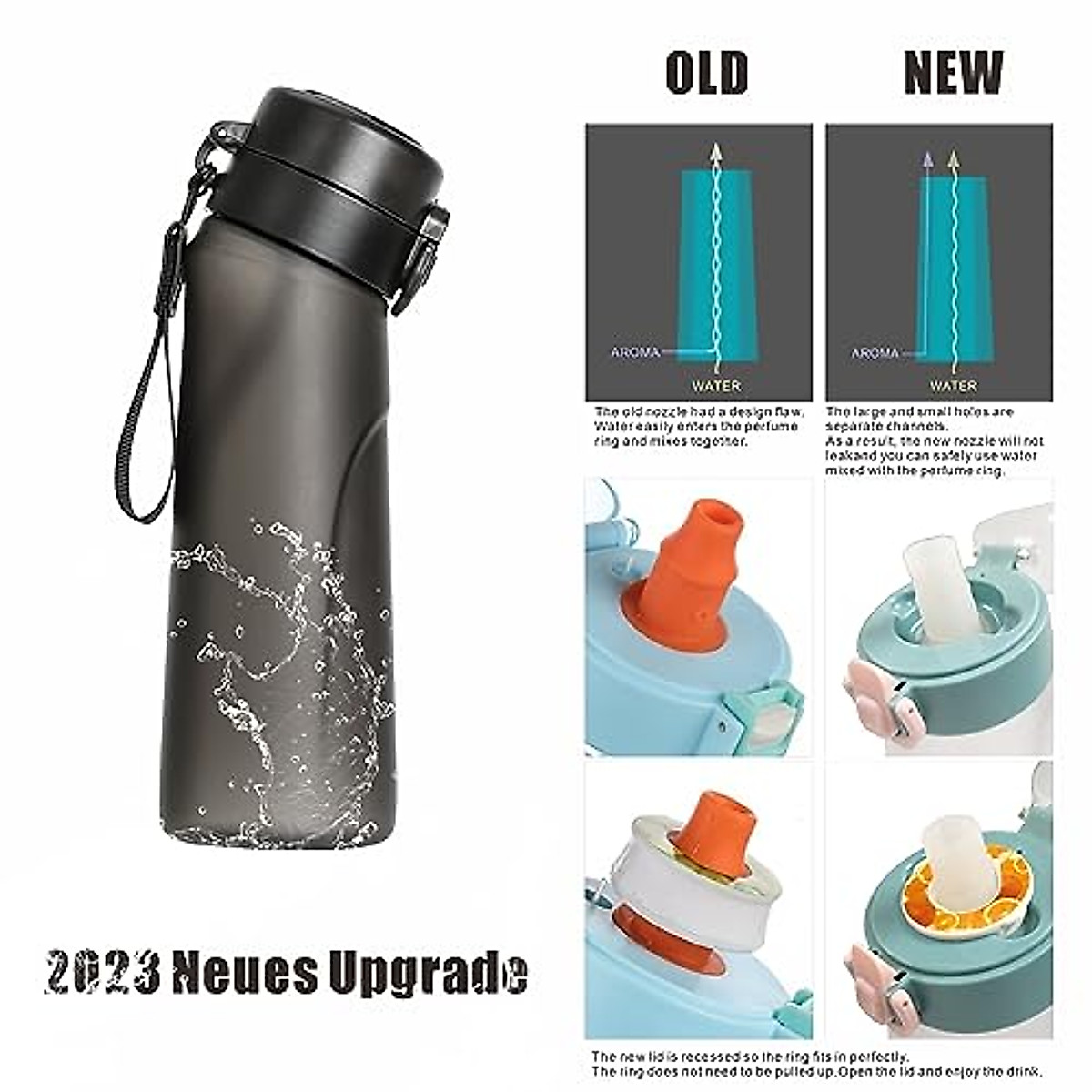 GoldenPlayer Air Water Bottle, With 7 Flavor Pods, BPA-free, 0 Sugar, 0 Calories, 650ML, Scented Water Bottle, Sports Water Bottle, Portable Water Bottle with Straw(Old Frosted Black)