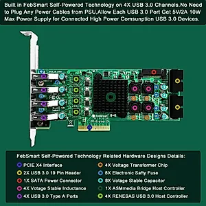 FebSmart 8-Ports PCIE Superspeed 5Gbps USB 3.0 Card for Windows and Linux Desktop PCs, 4X Dedicated 5Gbps USB 3.0 Channel 20Gbps Bandwidth, Built in FebSmart Self-Powered Technology (FS-4C-U8S-Pro)