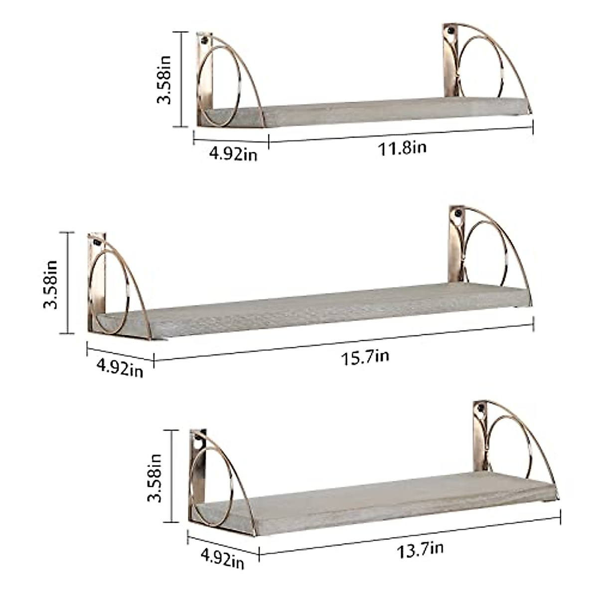 NEX Floating Shelves Wall Mounted Set of 3, Rustic Wood Wall Shelves with Gold Frame for Wall Décor, Bedroom, Bathroom, Living Room, Kitchen.