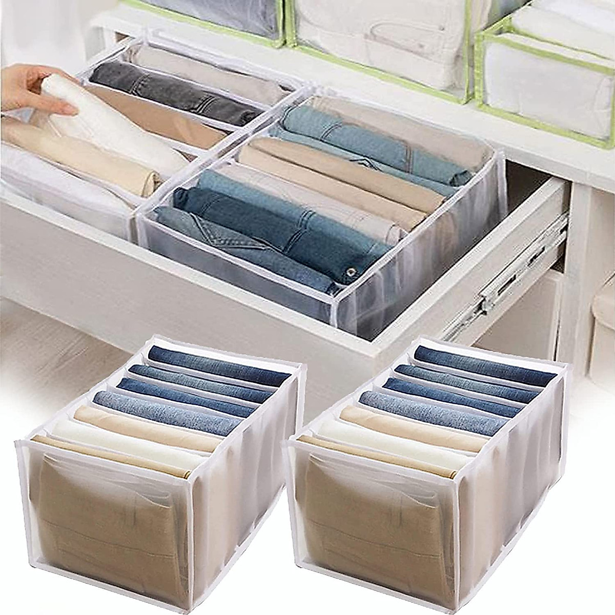 LELEBEAR Lakehemlock Wardrobe Clothes Organizer, 7 Grids Foldable Jeans Compartment Storage Box, Closet Organizers and Storage Baskets for Bedroom Dorm Room (2 Pcs White, M)