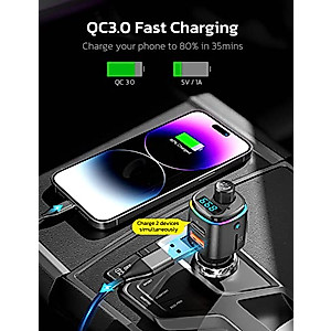 Nulaxy Bluetooth FM Transmitter for Car, 7 Color LED Backlit Bluetooth Car Adapter with QC3.0 Charging, USB Flash Drive, microSD Card, Handsfree Car Kit (B- Black)
