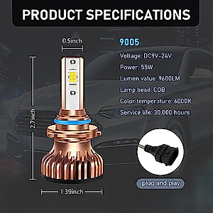 Jawmoy Pack-2 9005 Car Headlights LED Bulbs, 6000K 3570 Lamp Beads Aviation Aluminum Radiator Bulb, 9600LM 55W Waterproof Plug and Play Super Bright Light Bulbs for Most Cars (Gold)