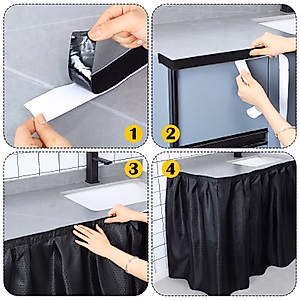 Windkream Fabric Sink Skirt Diamond Bathroom Stitch Black Self Stick Adhesive Waterproof Fabric Under Sink Curtain Skirt 55 x 32 Inch Sinks Adds Bathroom Storage