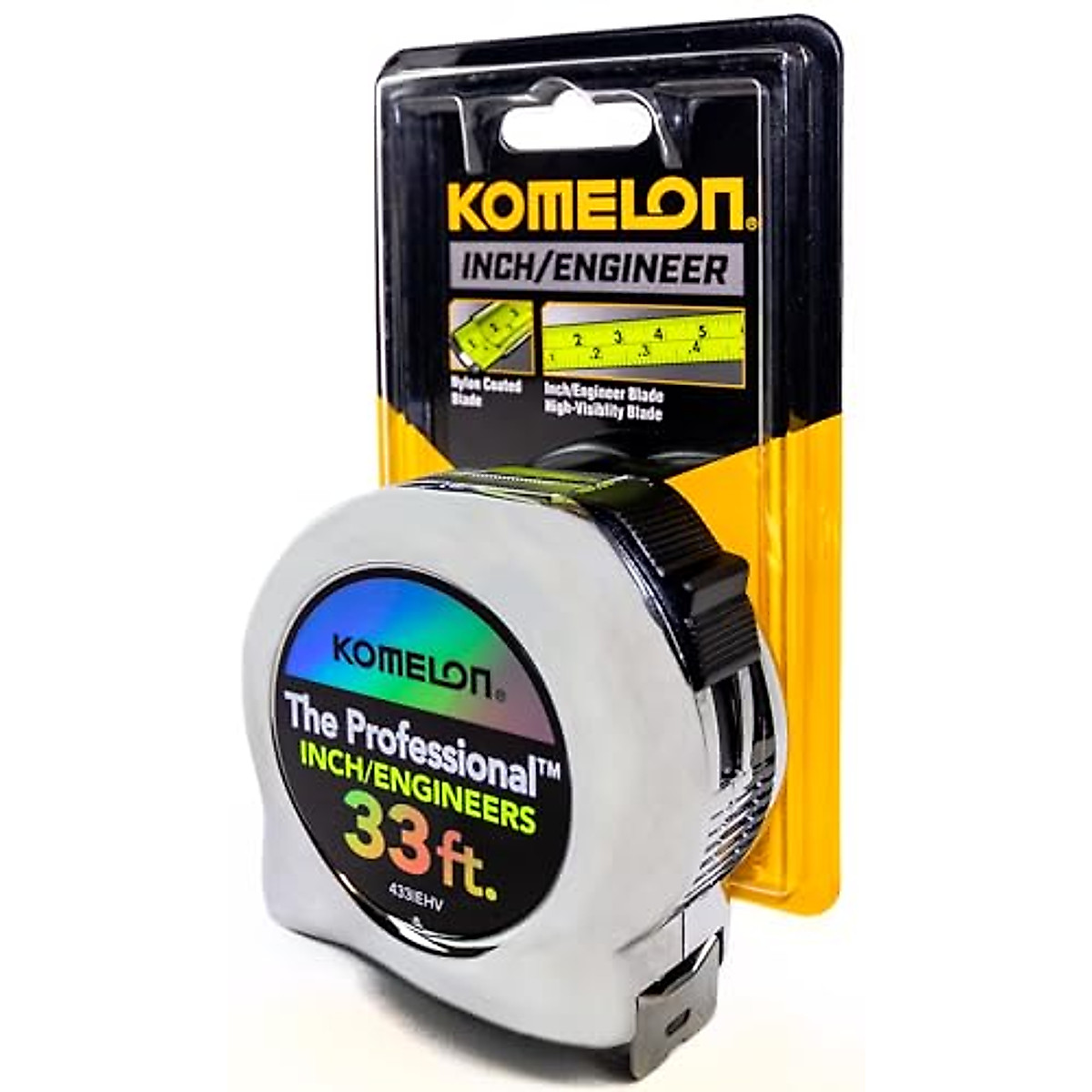 Komelon 433IEHV High-Visibility Professional Tape Measure both Inch and Engineer Scale Printed 33-feet by 1-Inch, Chrome