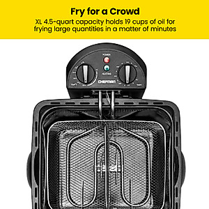 Chefman 4.5L Dual Cook Pro Deep Fryer with Basket Strainer and Removable Divider, Jumbo XL Size, Adjustable Temp & Timer, Perfect for Chicken, Fries, Chips and More, Easy to Clean, Stainless Steel