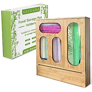NACUARA Ziplock Bag Organizer Storage for Kitchen Organization, Bamboo Drawer, Foil and Plastic Wrap Dispenser with Cutter, Quart, Gallon, Sandwich, Snack, Compatible with Ziploc Variety Size