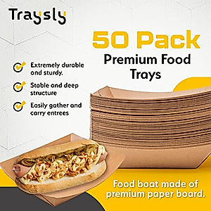 Traysly 50 pack Food Boats Disposable 3lb Eco Friendly Poly Coated Paperboard, Greaseproof Paper Boats for Food Serving, Hot Dog Nacho Trays and Nacho Boats for Concession Stand, Parties