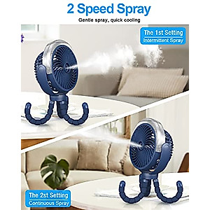 Portable Misting Fan, 6000mAh Stroller Fan with Light & 360° Pivoting Battery Operated Fan, USB Rechargeable Personal Mist Fan with Flexible Tripod for Baby, Office, Travel,Crib,Treadmill,Outdoors