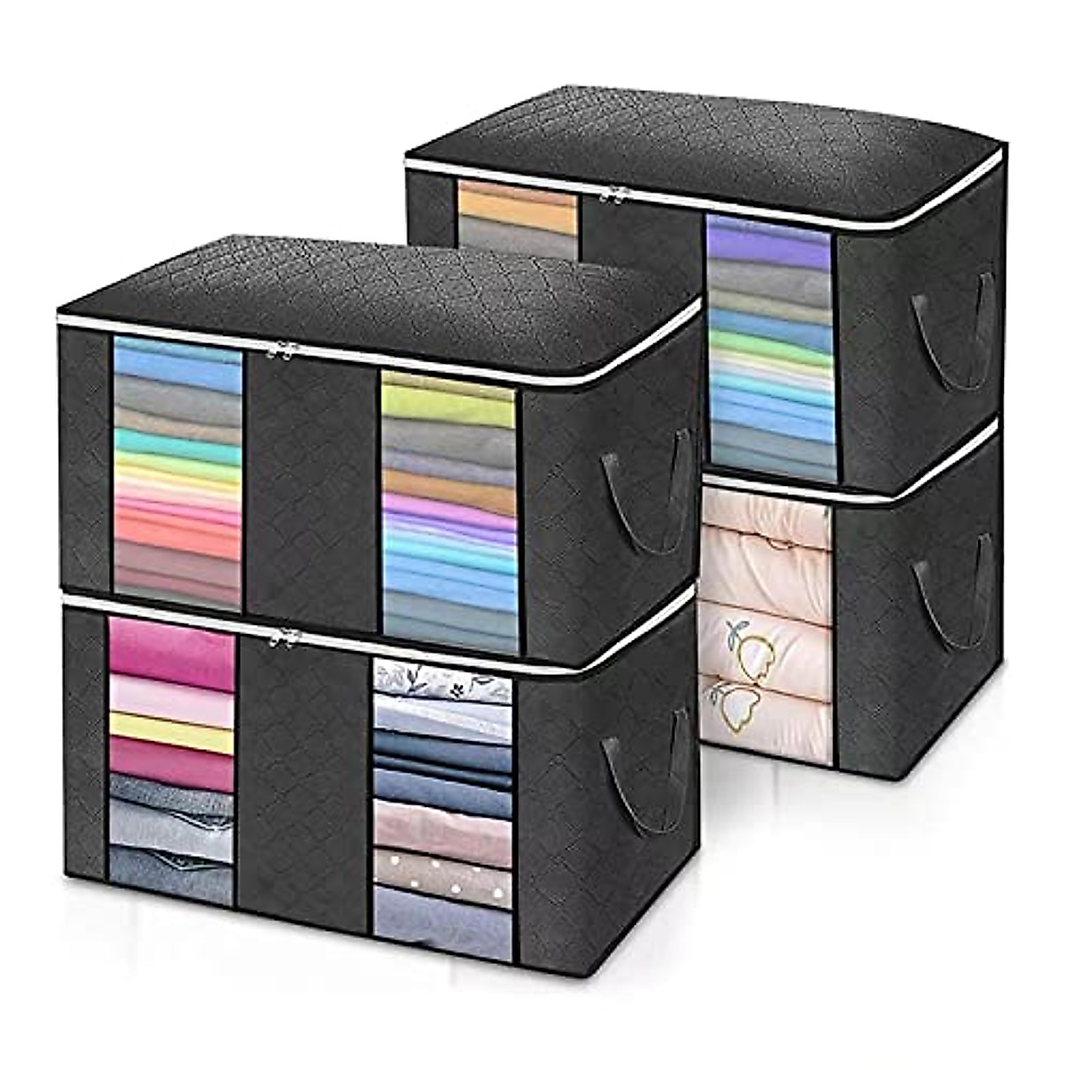 Large Capacity Clothes Storage Bag Organizer with Reinforced Handle Thick Fabric for Comforters, Blankets, Bedding, Foldable with Sturdy Zipper, Clear Window, 3 Pack, 90L (Black)