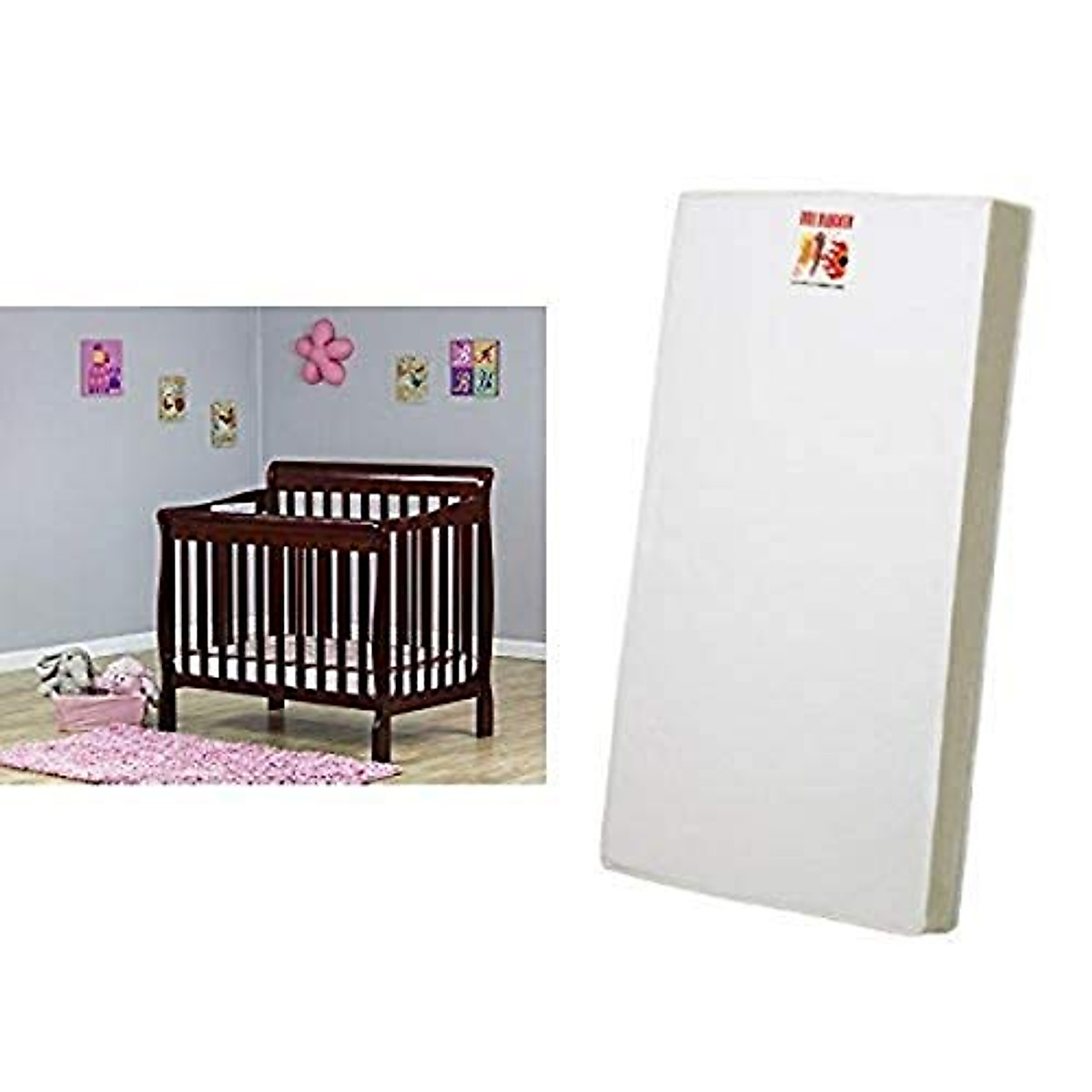 Dream On Me 3 in 1 Aden Convertible Mini Crib, Cherry and 3 Portable Crib Mattress, White