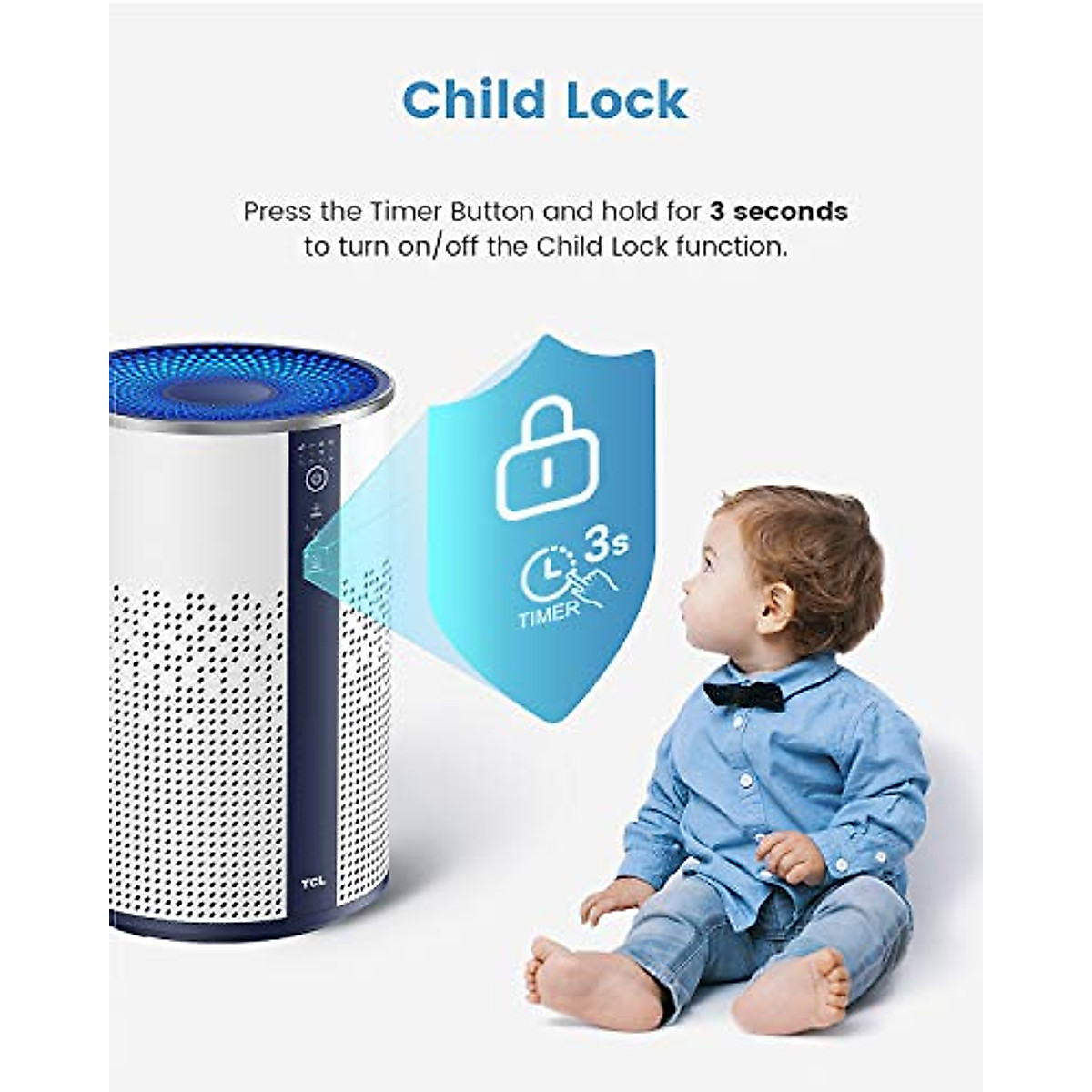 TCL Air Purifier for Home Room Bedroom True H13 HEPA Air Filter Remove 99.97% Smoke Odor Pet Dander Dust Pollen Mold Air Cleaner Metal Design with Night Light