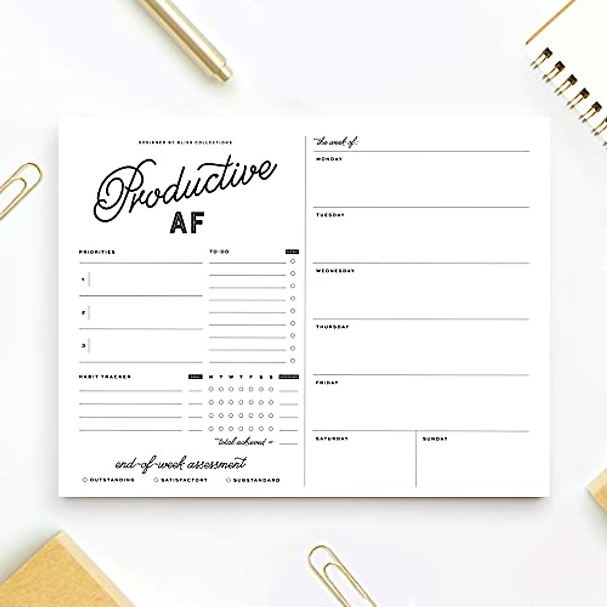Bliss Collections Weekly Planner, Productive AF, Undated Tear-Off Sheets Notepad Includes Calendar, Organizer, Scheduler for Goals, Tasks, Ideas, Notes, To Do Lists and Habit Tracker, 8.5"x11" (50 Sheets)