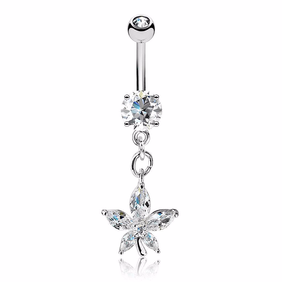 Flower Petal CZ Dangle Belly Button Navel Rings - Clear