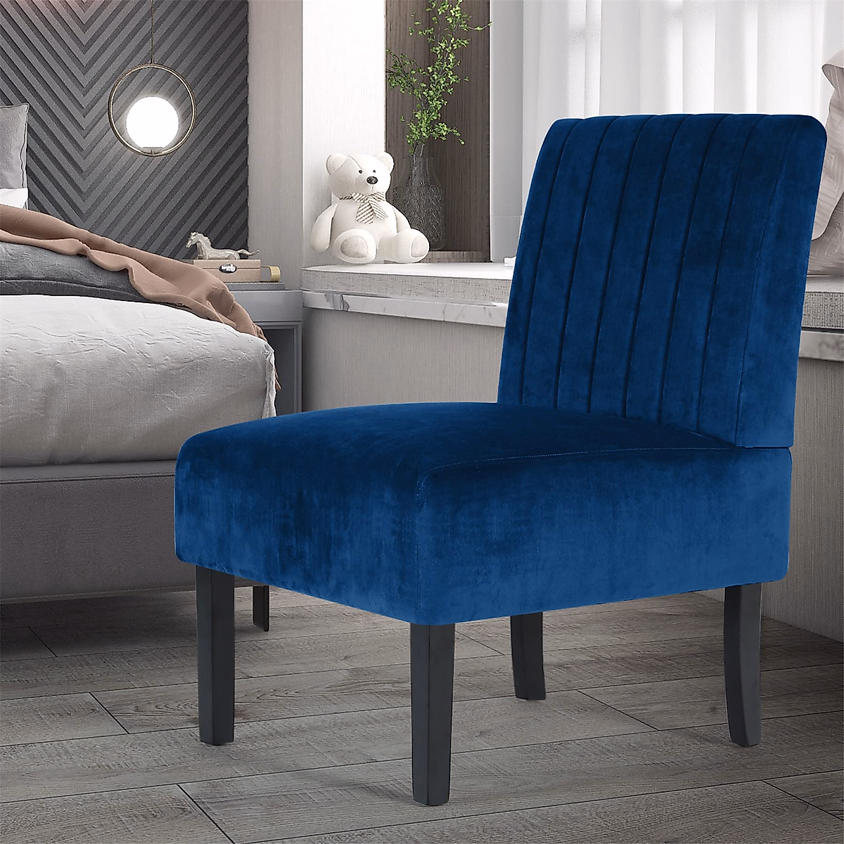 STHOUYN Modern Velvet Armless Accent Chair Decorative Slipper Chair Vanity Chair for Bedroom, Corner Side Chair Living Room Furniture Navy Blue