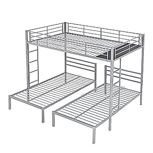 BOVZA Metal Triple Bunk Bed, Full Over Twin & Twin Size Bunk Bed with Built-in Shelf and Ladder, 3 Bunk Beds for Kids Teens Adults, Silver