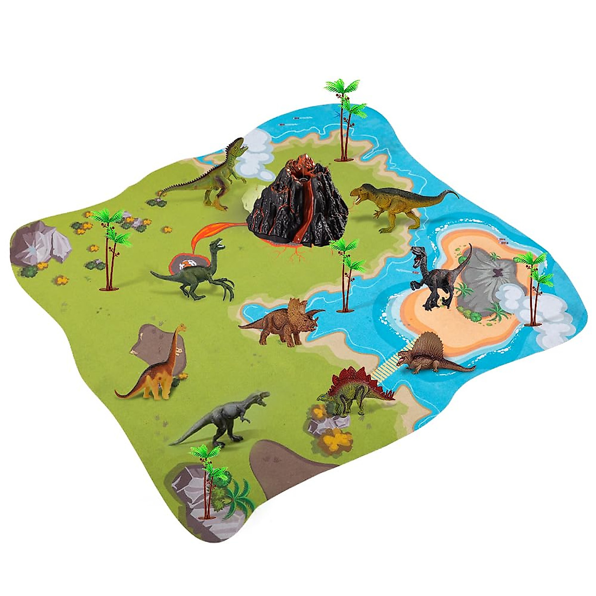 TEMI Dinosaur Toys with Simulation Volcano for Kids 3-5 Years, Toddlers Dinosaur Figures and Large Play Mat for Boys and Girls, Gifts for Preschool Toddlers (Size 63x63 in)