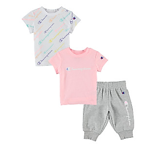 Champion Sets Baby Girl Newborn Two Tees and Fleece Pant 3 Piece Set Baby Clothes (White AOP SS/Pink Candy SS/Oxford Heather Fleece, 6-9 Months, 9_months)