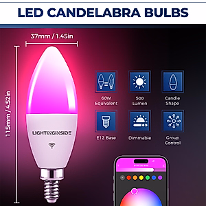 Lightinginside E12 Smart Bulb 60W Equivalent, 500LM 6W WiFi Candelabra LED Light Bulb Compatible with Alexa/Google Home, No Hub Required, RGBCW Chandelier Candle Bulb, 2.4G WiFi Only, ETL Listed, 3PCS