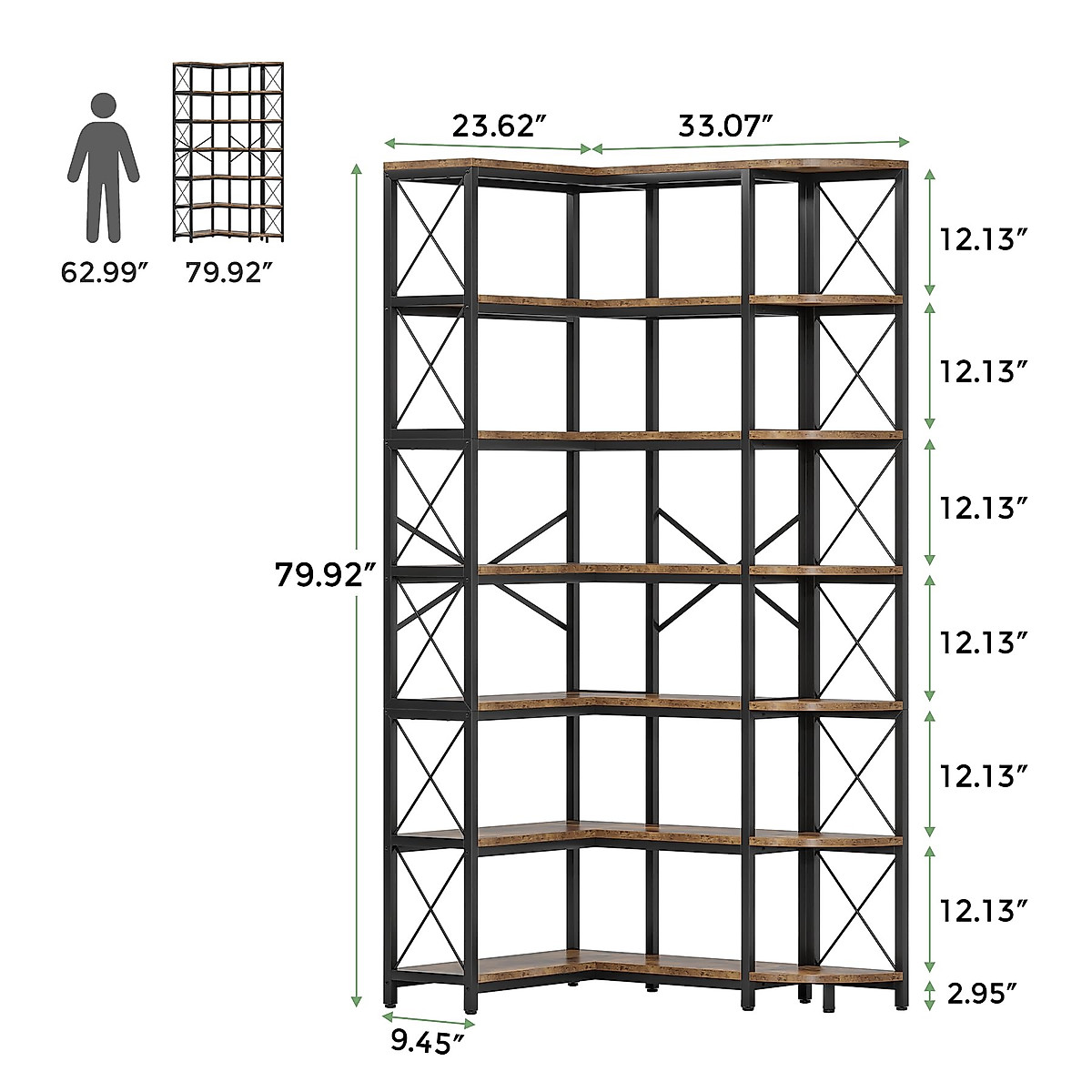 Condemo 7-Shelf Reversible Corner Bookshelf, Modern Industrial Tall Bookcase, 7-Tier Large L-Shaped Storage Shelf Display Rack with Metal Frame for Living Room, Home Office, Bedroom, Rustic Brown