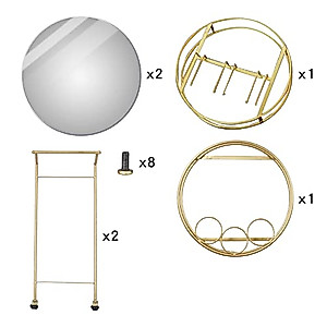 Round Gold Rolling Bar Cart with 2 Mirror Shelves, Wine Rack and Lockable Casters, Suitable for Home Kitchen, Club, Living Room, Thanksgiving, Christmas, New Year, 22"X18"X33"