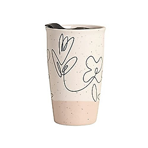 ANTIS'S HOME Ceramic Coffee Mug with Lid, Flower Pattern Double Wall Coffee Travel Mug Ceramic Tumbler 10 oz, Reusable Tall Cup, Splash Resistant Lid, Dishwasher Microwaveable Safe