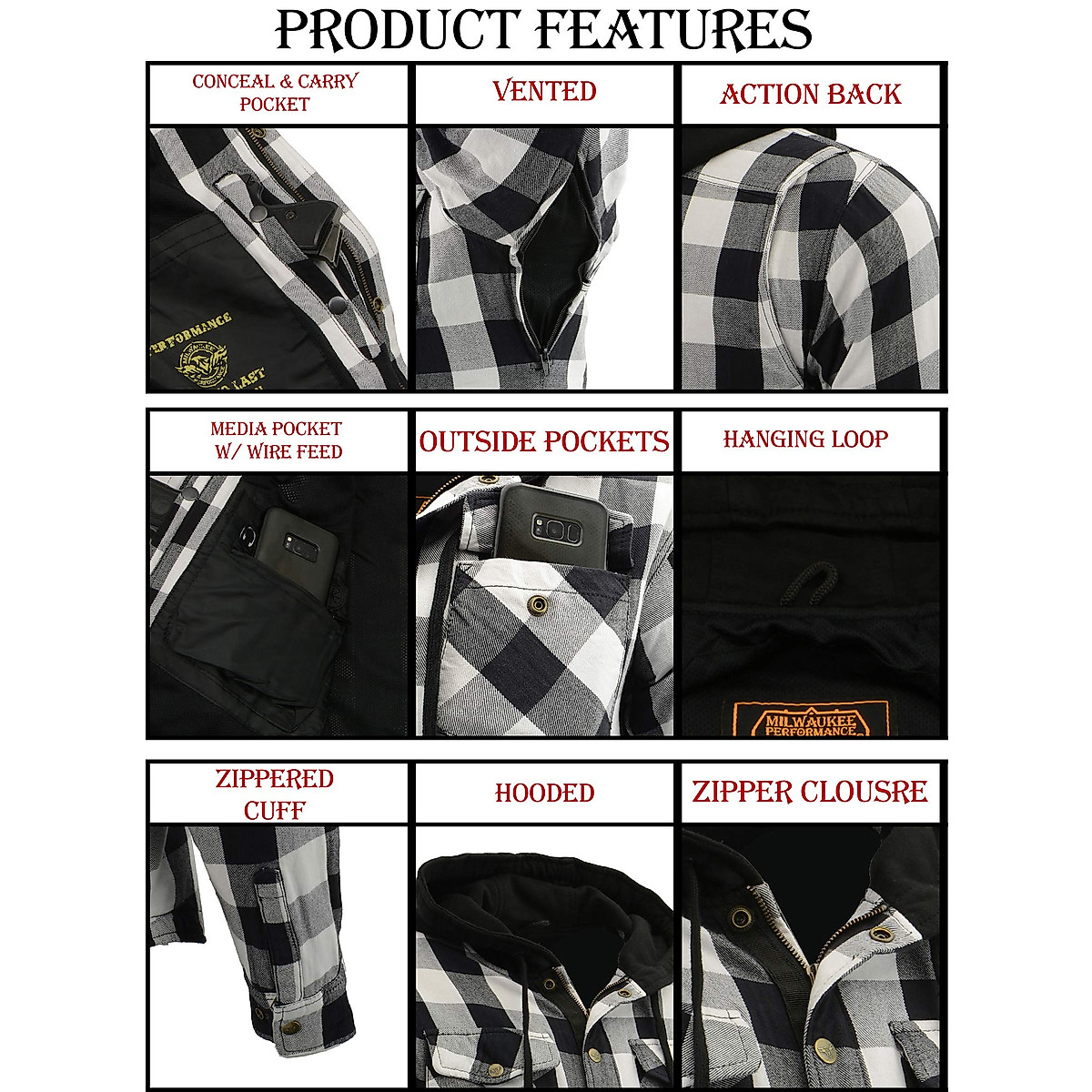 Mens Motorcycle Lightweight Waterproof CE armor Blk/White & Gray Checkered Flannel Riding Jacket Shirt (as1, alpha, x_l, regular, regular, Blk/White with Hoodie)