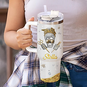 HHyturtle Personalized Hair Stylist 40 oz Tumbler With Handle and Straw Lid, Funny Skull Messy Bun Stainless Steel Coffee Cup, Salon Owner Gifts Hairdresser Mug With Name