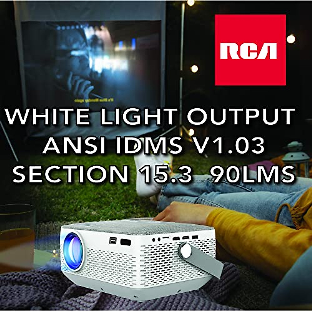 RCA RPJ402 1080P Bluetooth 5.0 Home Theater, Video Projector, LCD Display, HDMI USB AV TF, Indoor & Outdoor Use, Built-in Rechargeable Battery, White