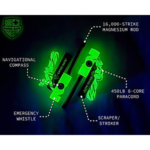 Swiss Safe 5-in-1 Magnesium Ferro Rod Fire Starter Survival Tool - Flint & Steel Striker, Compass, Paracord & Whistle - Emergency Kit for Backpacking, Camping, Hiking - All-Weather - Glow, 2-Pack