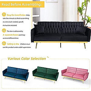 ACMEASE 70” Velvet Futon Sofa Bed with 2 Pillows and Adjustable Armrests, Convertible Sleeper Bed, Modern Loveseat for Living Room, Bedroom, Black